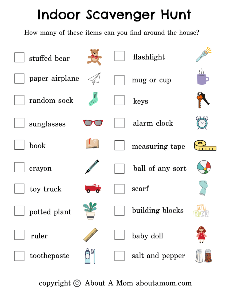 Free Indoor Scavenger Hunt Printable - About a Mom
