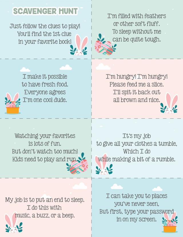 Printable Easter Egg Scavenger Hunt Clues Cards - About a Mom
