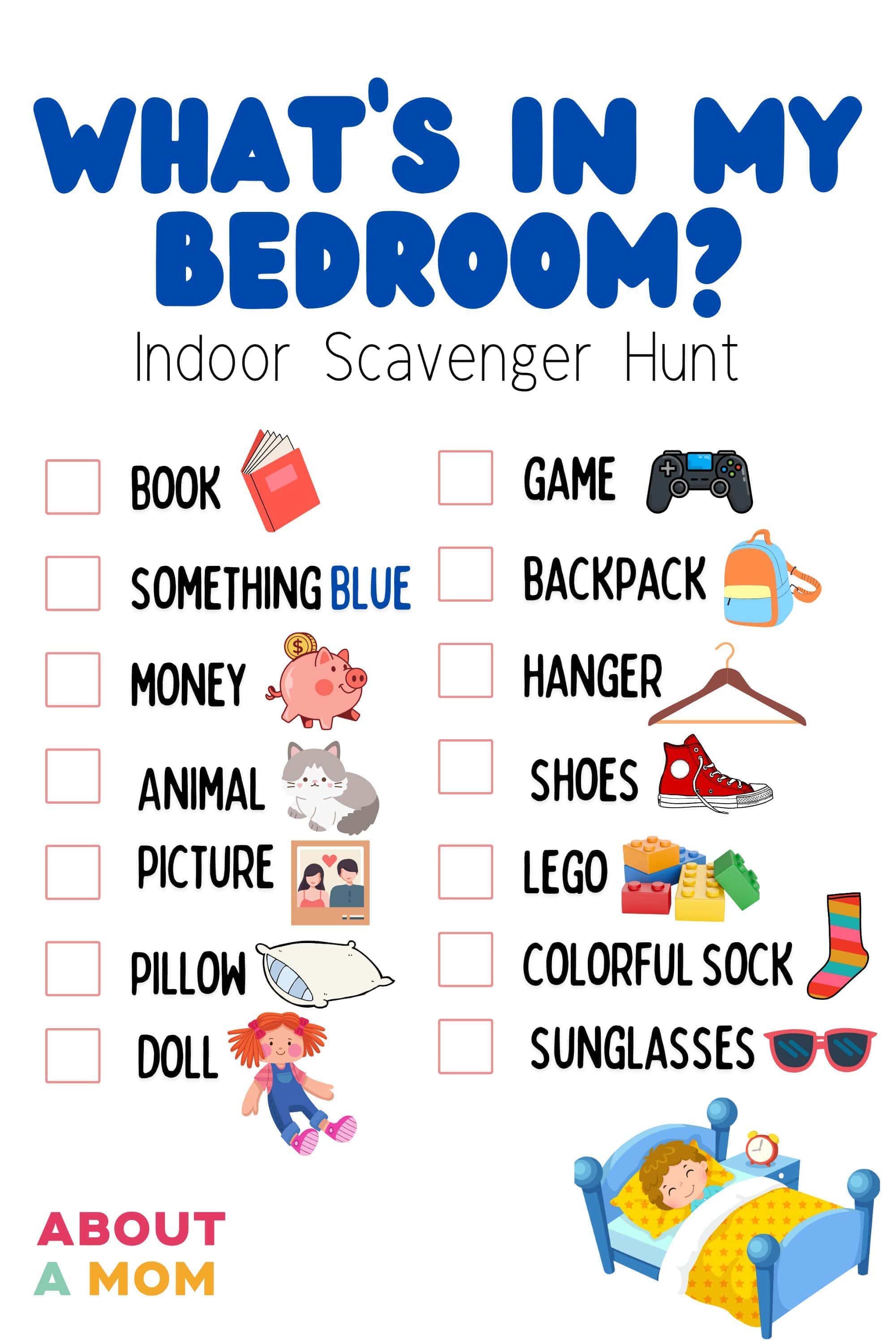 Easy What's in My Bedroom? Indoor Scavenger Hunt Printable - About a Mom